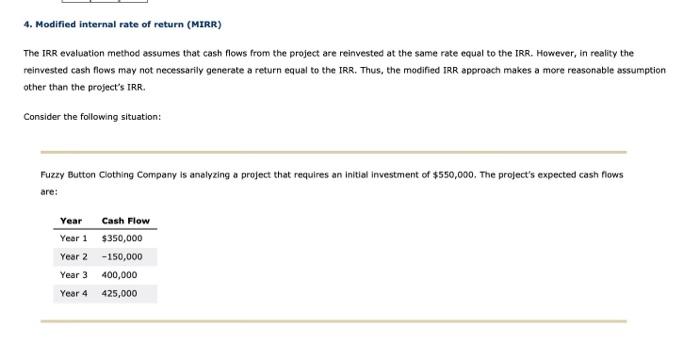 Solved 4. Modified internal rate of return (MIRR) The IRR | Chegg.com
