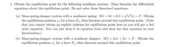 Solved 1. Obtain the equilibrium point for the following | Chegg.com