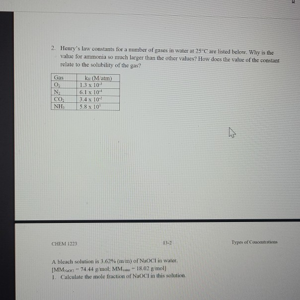Solved 2. Henry's law constants for a number of gases in | Chegg.com