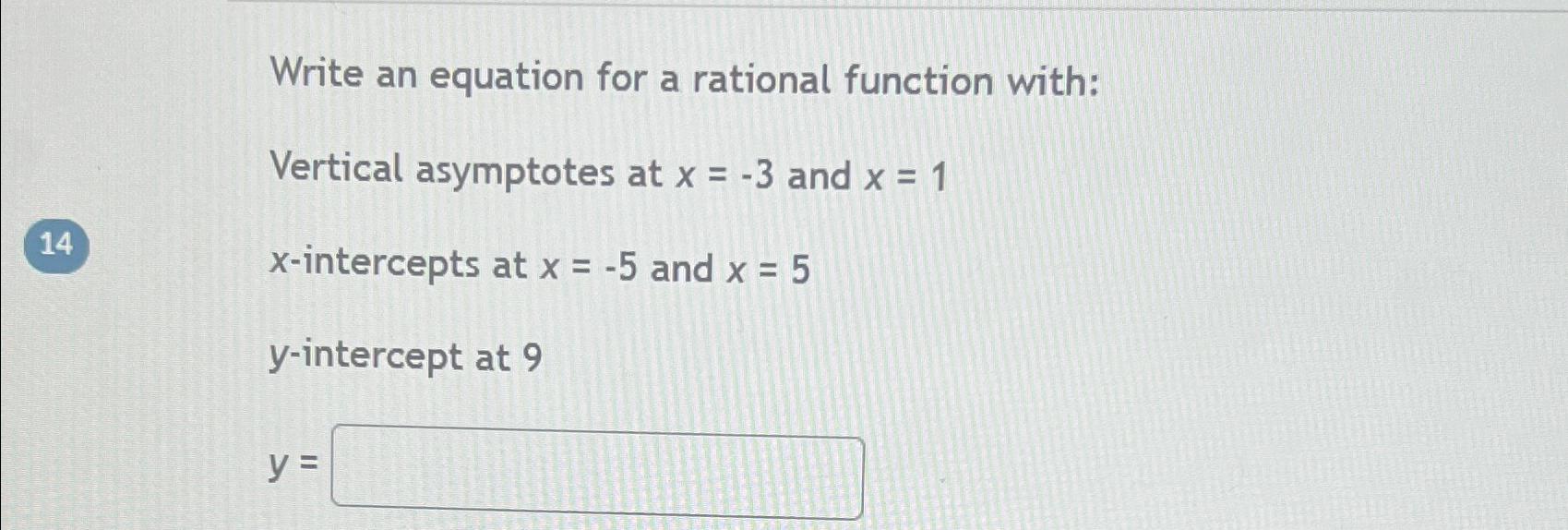 Solved Write an equation for a rational function | Chegg.com