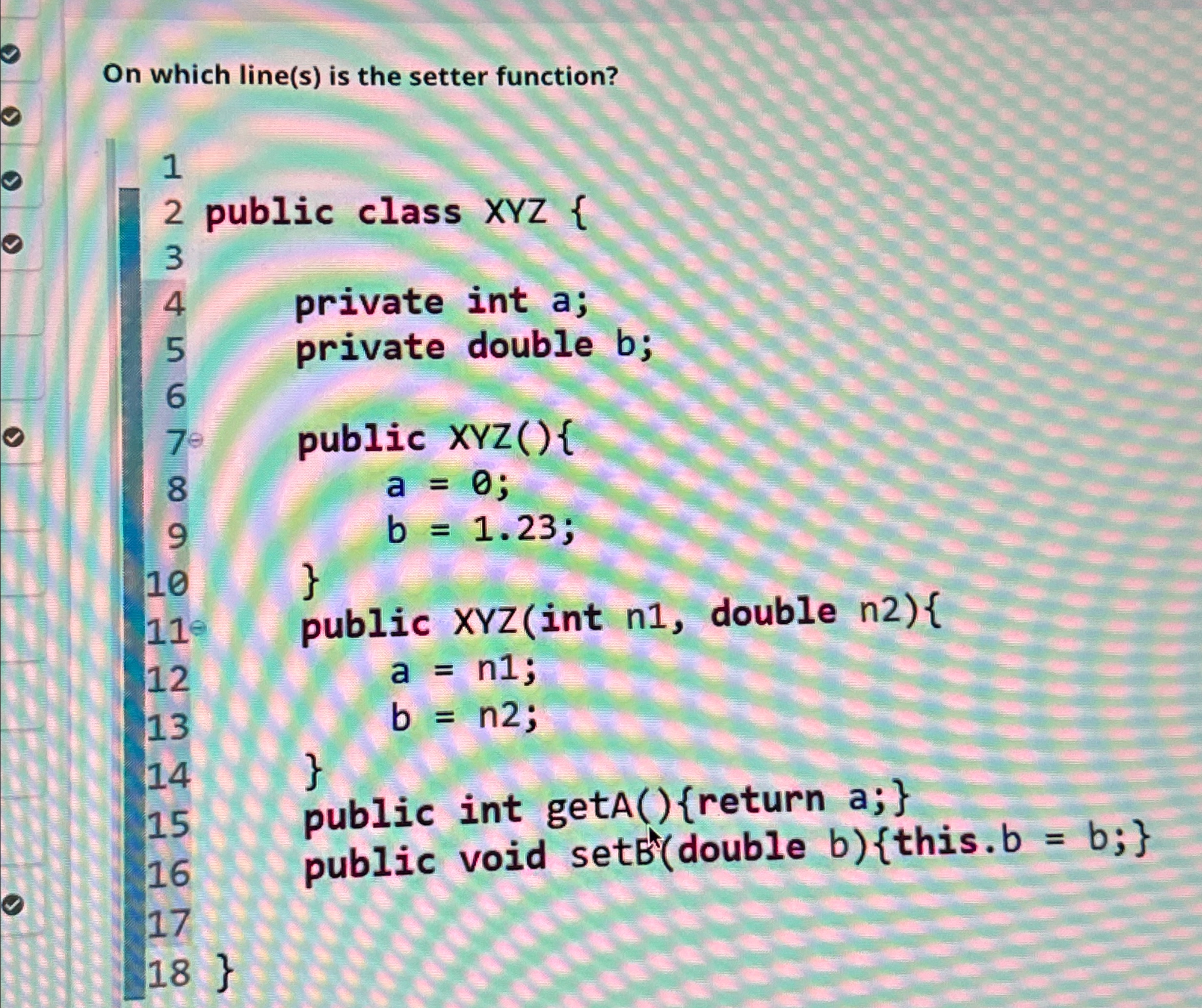 Solved On which line(s) ﻿is the setter function? | Chegg.com