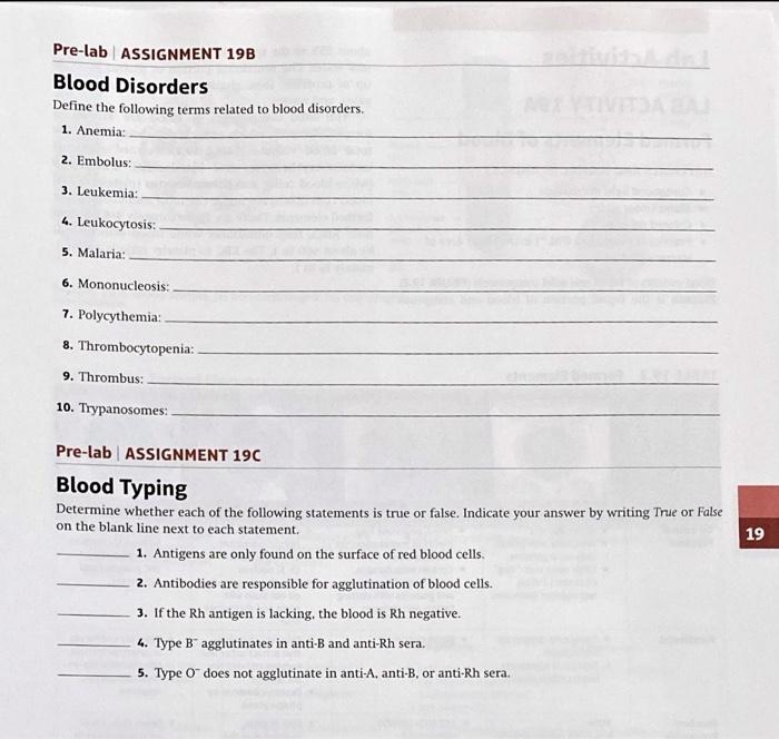 Solved De Pre-lab ASSIGNMENT 19B Blood Disorders Define the | Chegg.com