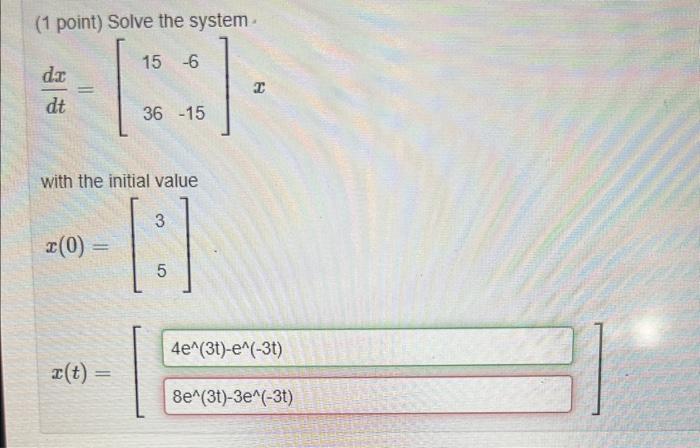 Solved (1 point) Solve the system - dtdx=[1536−6−15]x with | Chegg.com