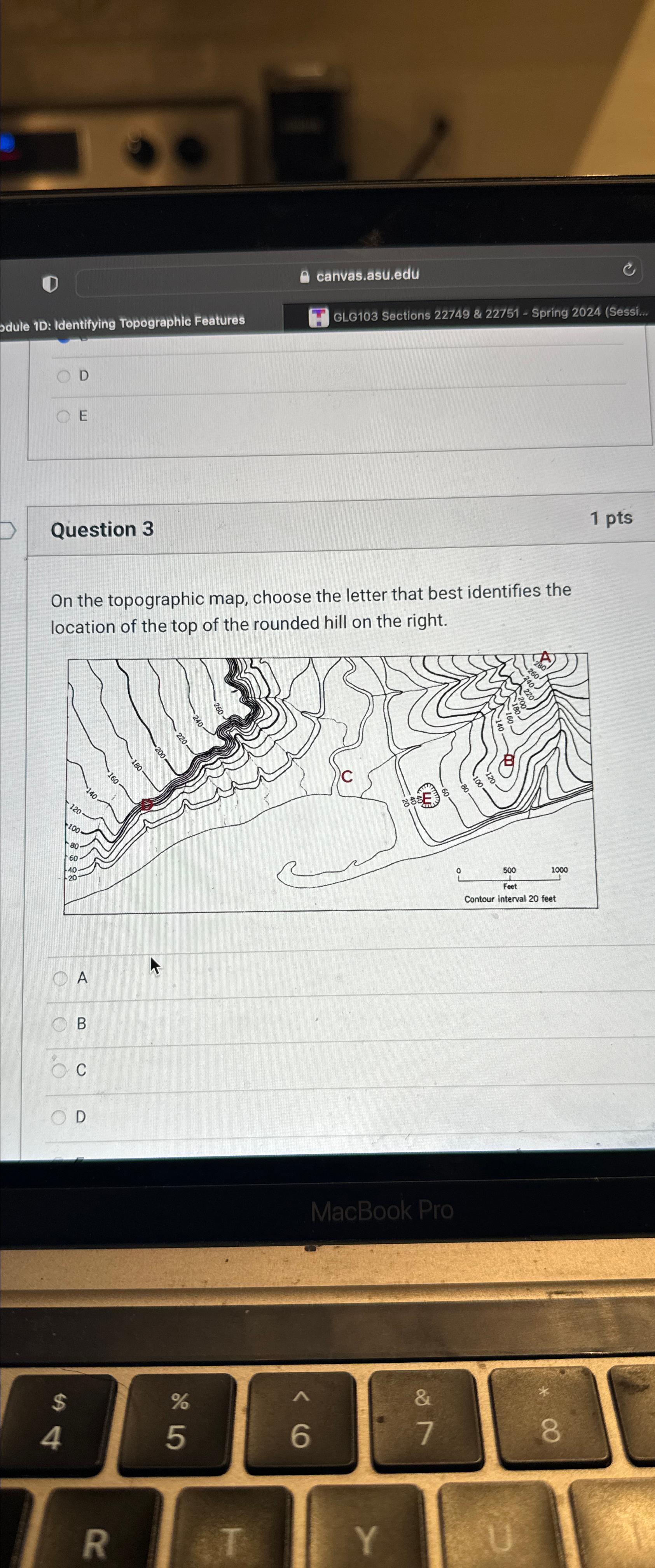 Solved On the topographic map choose thr letter that best | Chegg.com