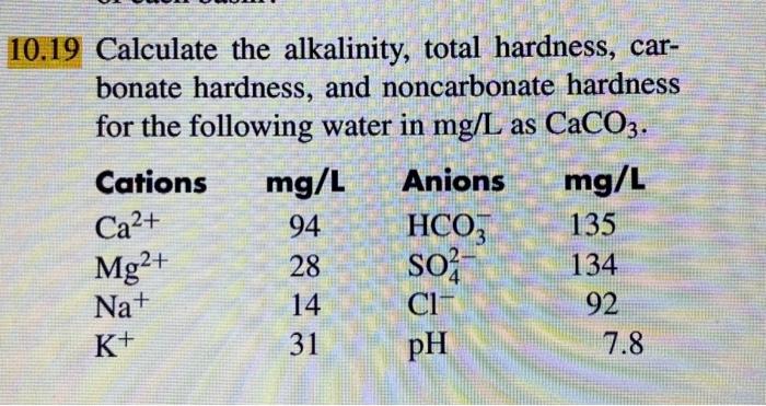 Solved 10.19 Calculate the alkalinity, total hardness, car- | Chegg.com