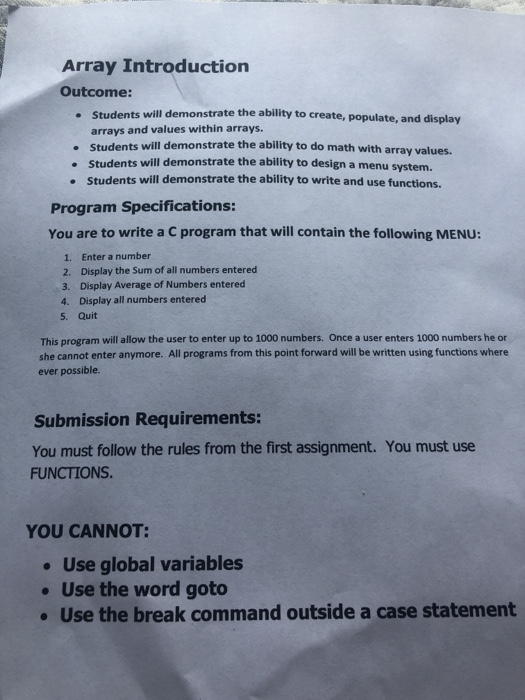 Solved Array Introduction Outcome: . Students will | Chegg.com