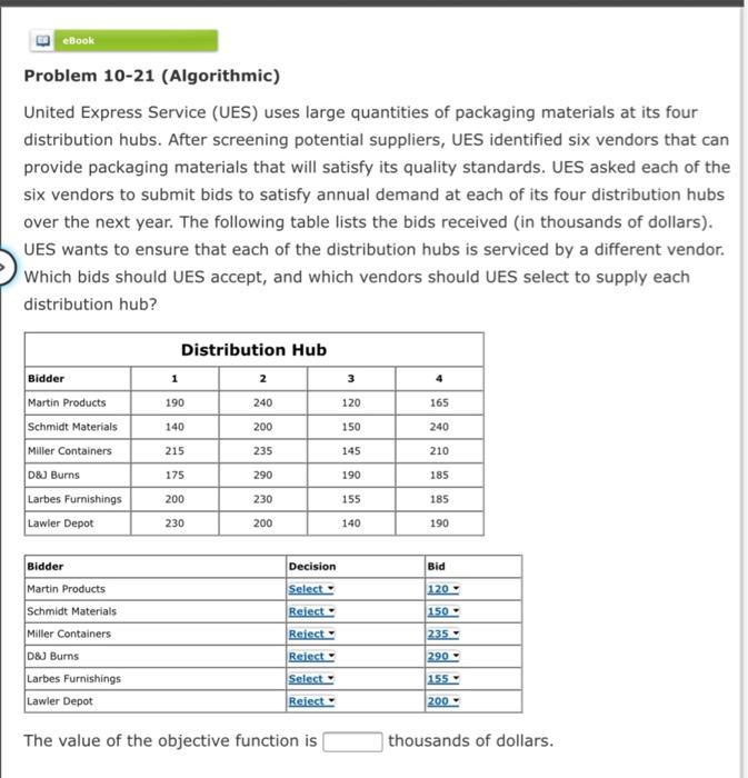 Solved eBook Problem 10-21 (Algorithmic) United Express | Chegg.com