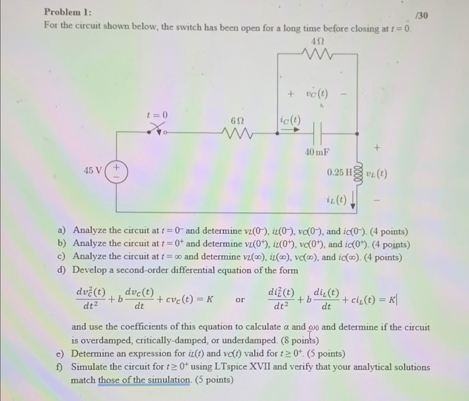 Solved Problem 1 130for The Circuit Shown Below The Switch