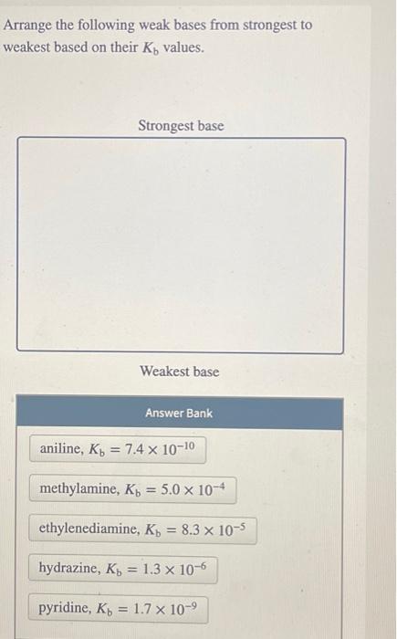 Solved Arrange the following weak bases from strongest to | Chegg.com