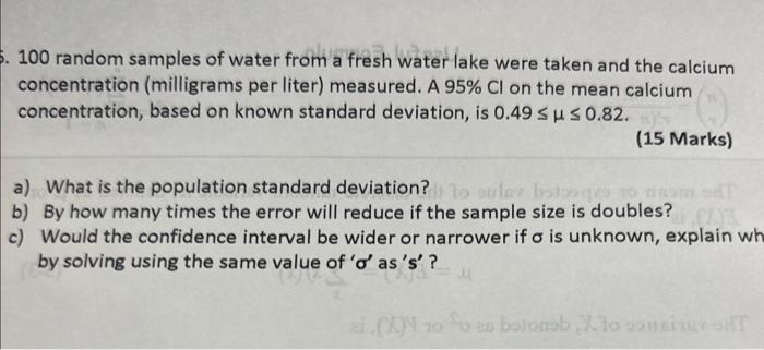 Solved 100 random samples of water from a fresh water lake | Chegg.com