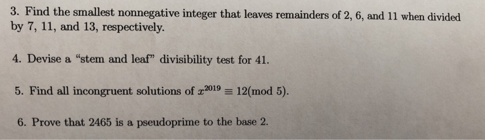 Solved 3. Find the smallest nonnegative integer that leaves | Chegg.com