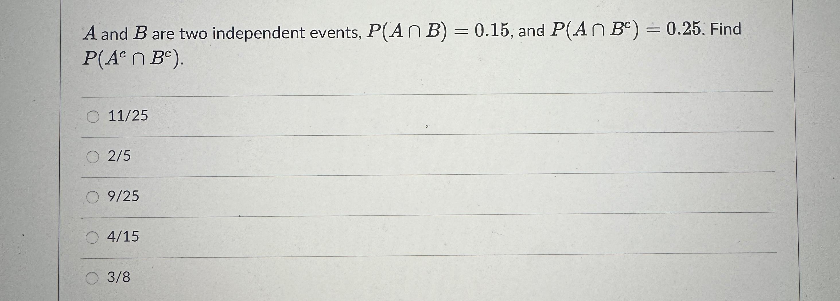 Solved A and B ﻿are two independent events, P(A∩B)=0.15, | Chegg.com