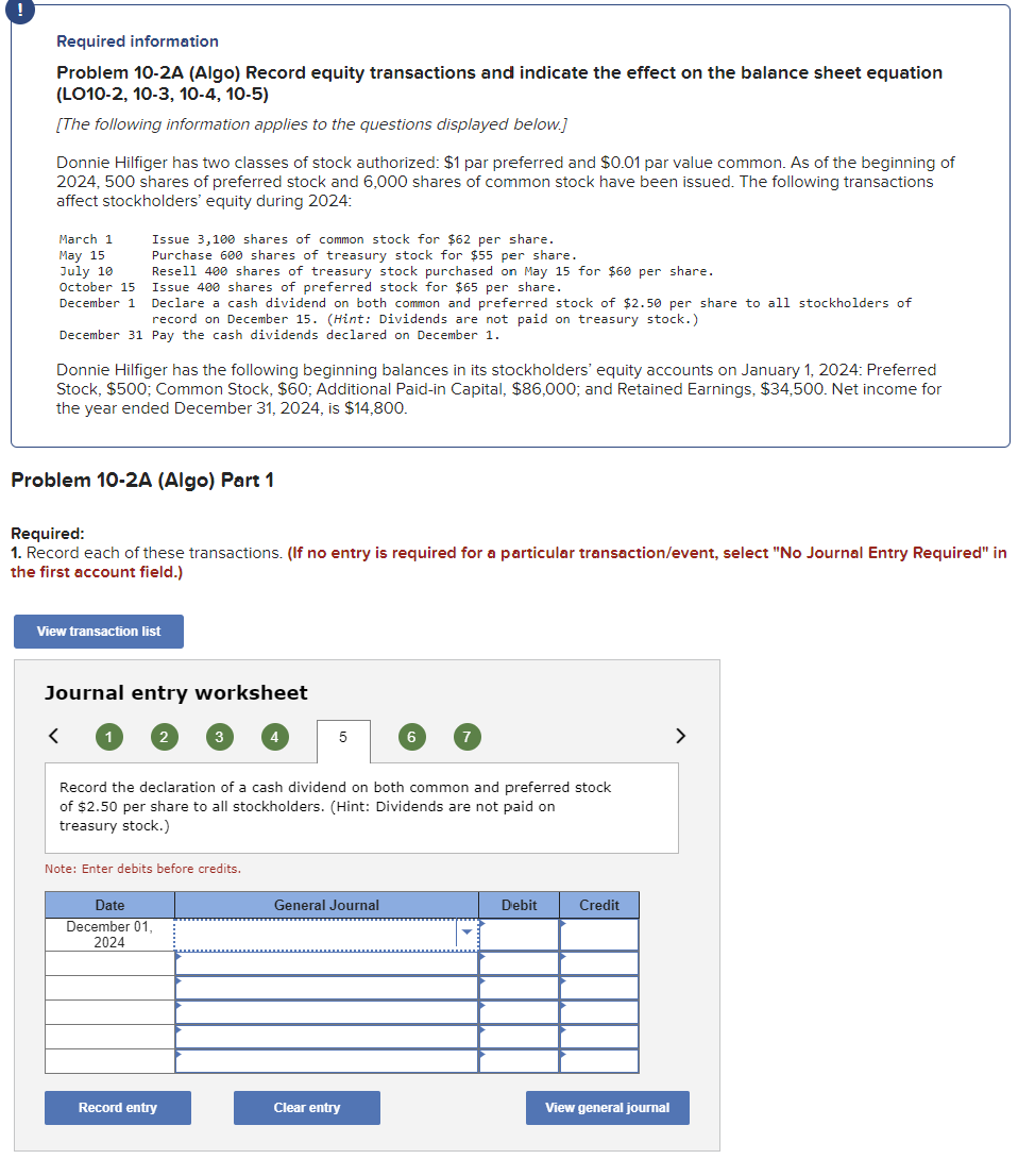 Solved Required informationProblem 10-2A (Algo) ﻿Record | Chegg.com