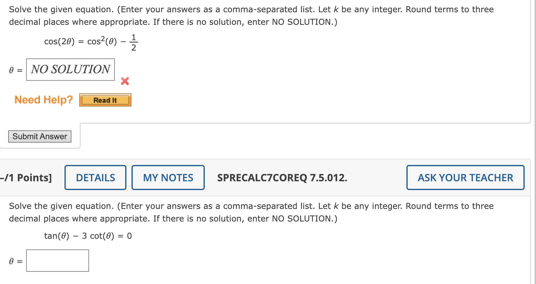 Solved 22222.Solve the given equation. (Enter your answers | Chegg.com