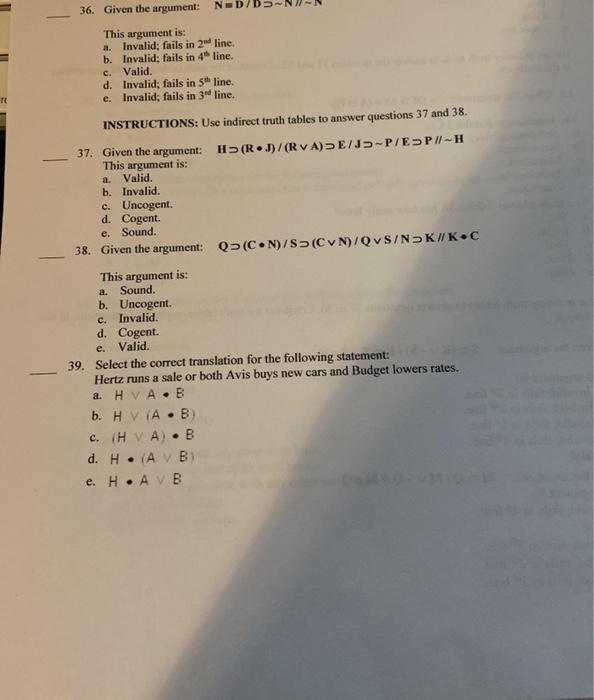 Solved 36. Given the argument: ND/D This argument is: a. | Chegg.com
