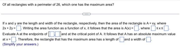 Solved Of all rectangles with a perimeter of 26, which one | Chegg.com