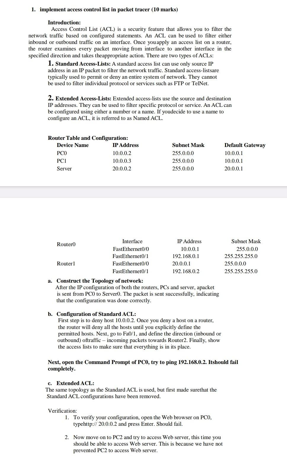 Solved 1. implement access control list in packet tracer (10 | Chegg.com