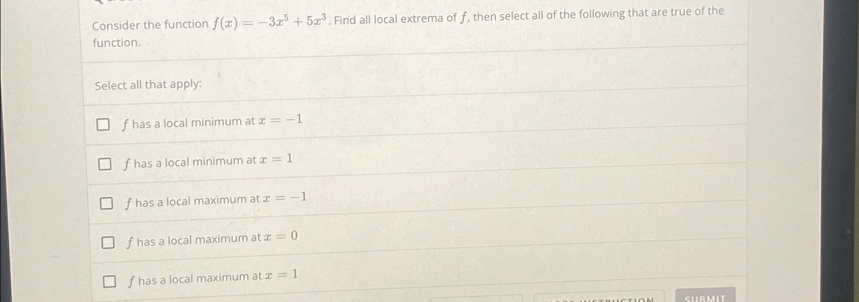 Solved Consider the function f(x)=-3x5+5x3. ﻿Find all local | Chegg.com