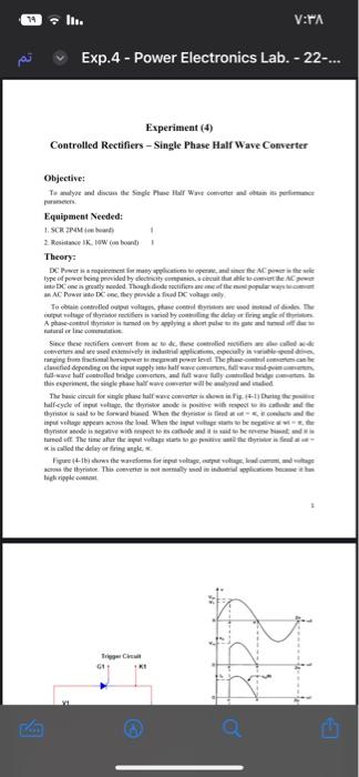 Experiment (4) Controlled Rectifiers - Single Phase | Chegg.com