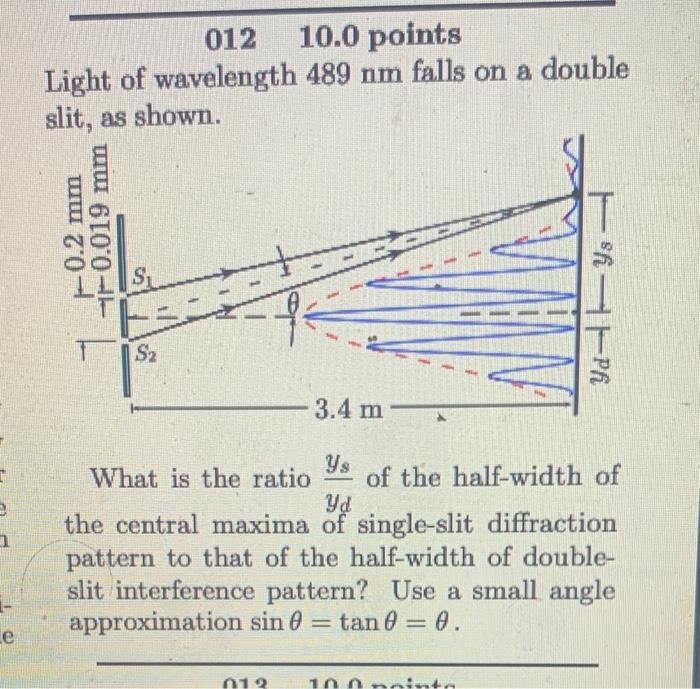 Solved 01210.0 points Light of wavelength 489 nm falls on a | Chegg.com