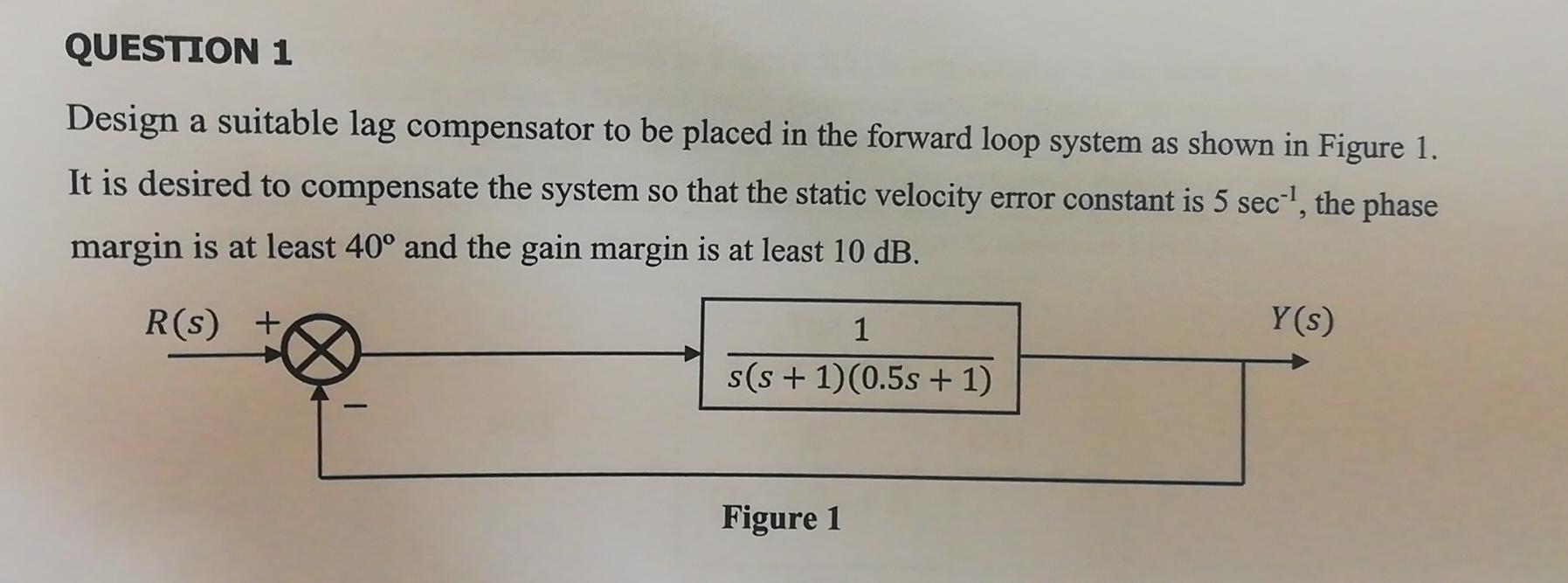 Solved QUESTION 1 Design a suitable lag compensator to be | Chegg.com