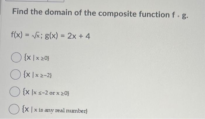 Solved Find the domain of the composite function f∘g. | Chegg.com