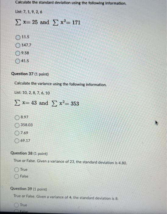 Solved Calculate the standard deviation using the following | Chegg.com