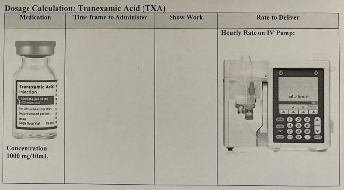 Dosage Calculation: Tranexamic Acid (TXA) | Chegg.com