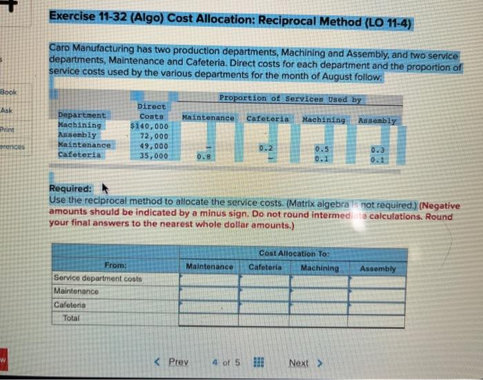 Solved Exercise 11-32 (Algo) Cost Allocation: Reciprocal | Chegg.com