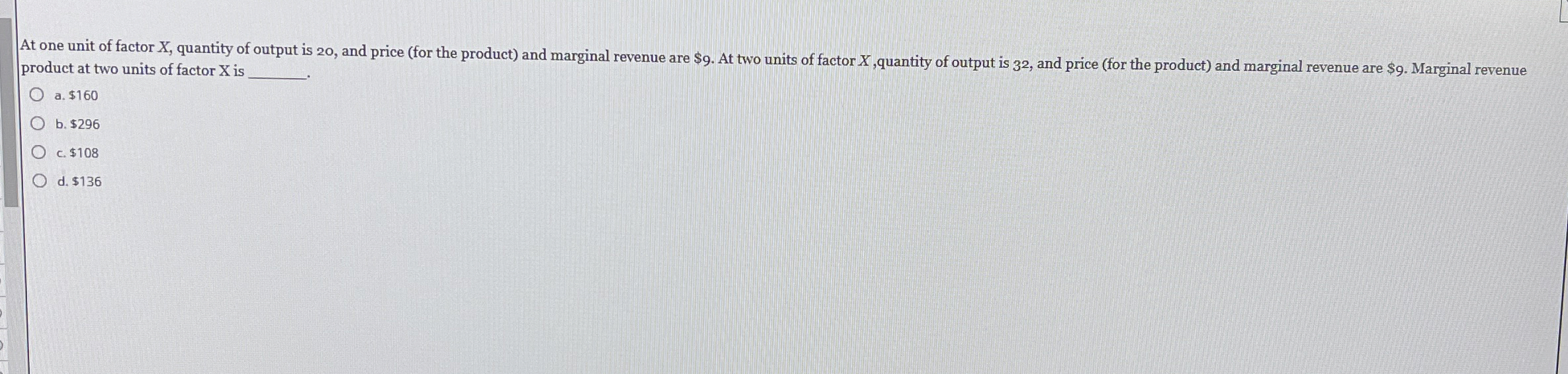 Solved At one unit of factor x, ﻿quantity of output is 20 , | Chegg.com
