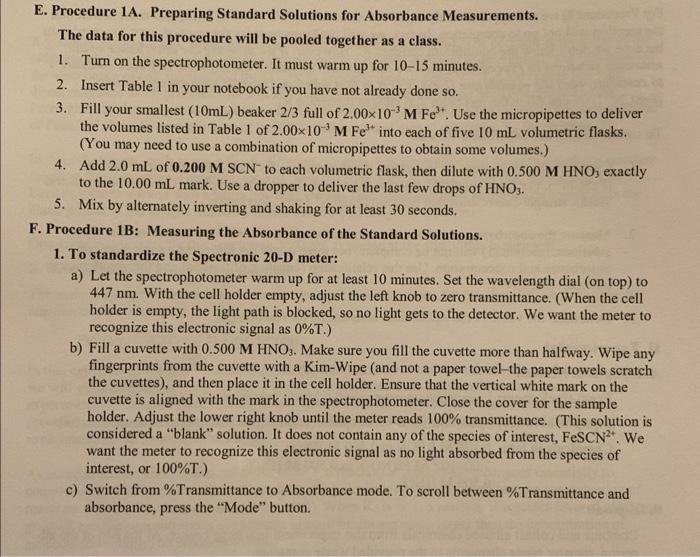 Solved E. Procedure 1A. Preparing Standard Solutions for | Chegg.com