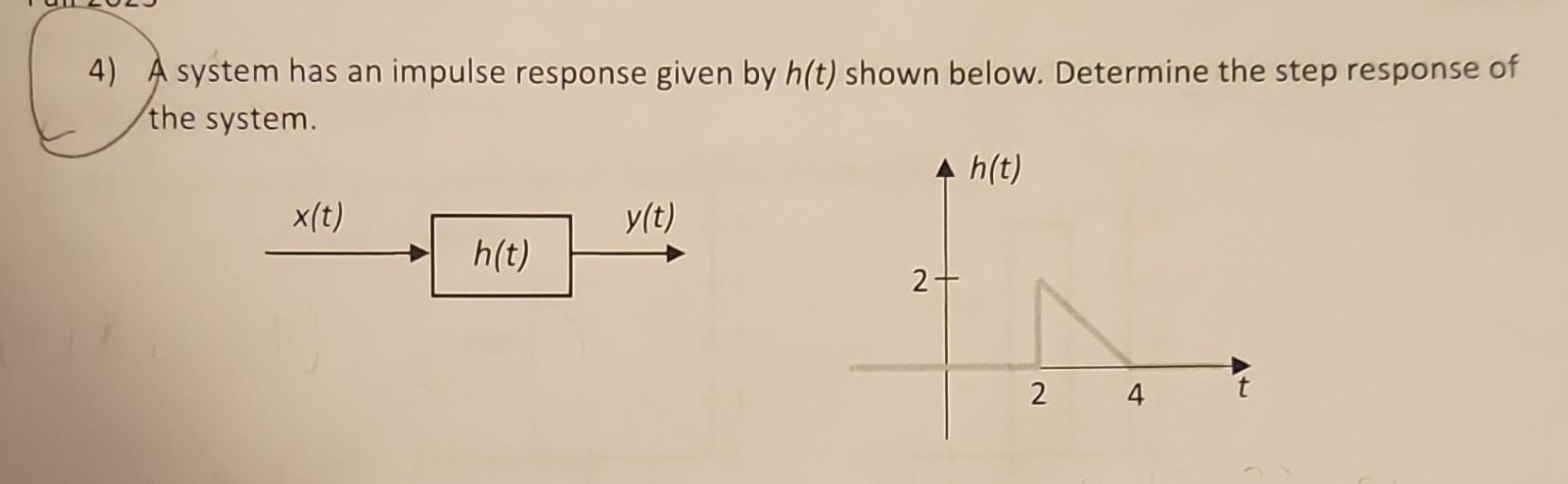 Solved 4) A system has an impulse response given by h(t) | Chegg.com