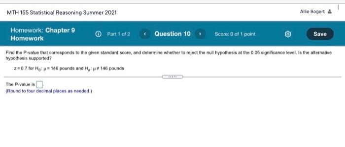 Solved MTH 155 Statistical Reasoning Summer 2021 Allie | Chegg.com