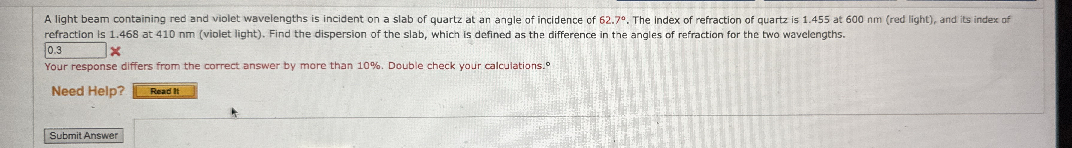 Solved A light beam containing red and violet wavelengths is | Chegg.com