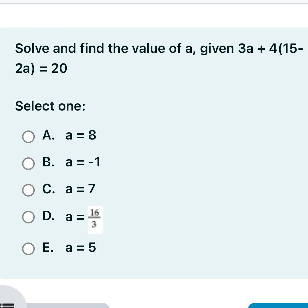 Solved Solve and find the value of a, ﻿given | Chegg.com