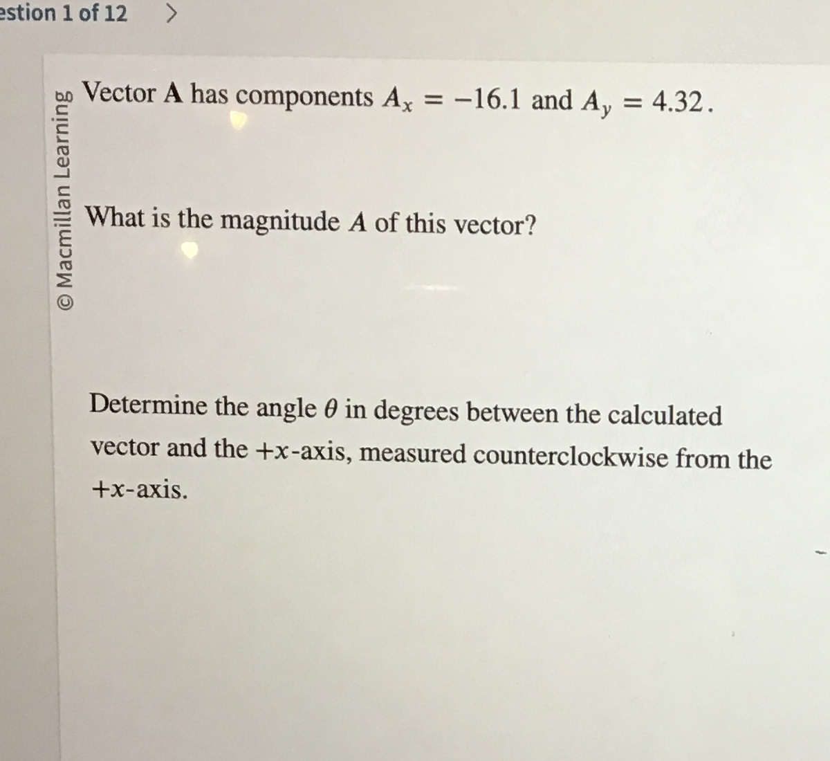 Solved estion 1 ﻿of 12๗ ﻿Vector A has components Ax=-16.1 | Chegg.com