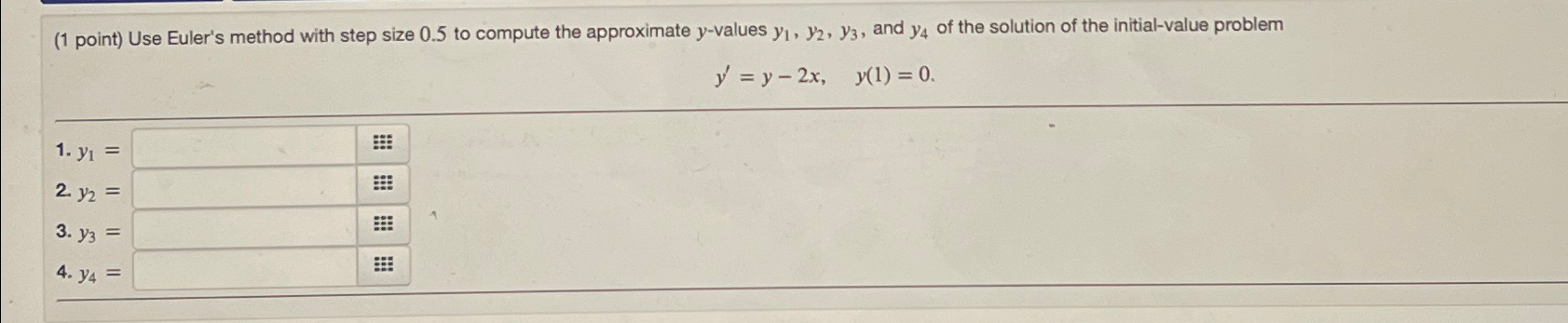 Solved (1 ﻿point) ﻿Use Euler's method with step size 0.5 ﻿to | Chegg.com