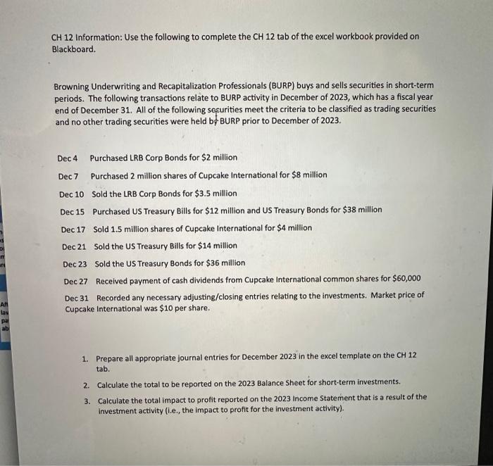 Solved CH 12 Information: Use the following to complete the | Chegg.com