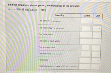 Find the amplitude, phase, period, and frequency of | Chegg.com