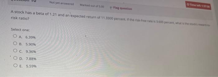 Solved A stock has a beta of 1.21 and an expected return of | Chegg.com