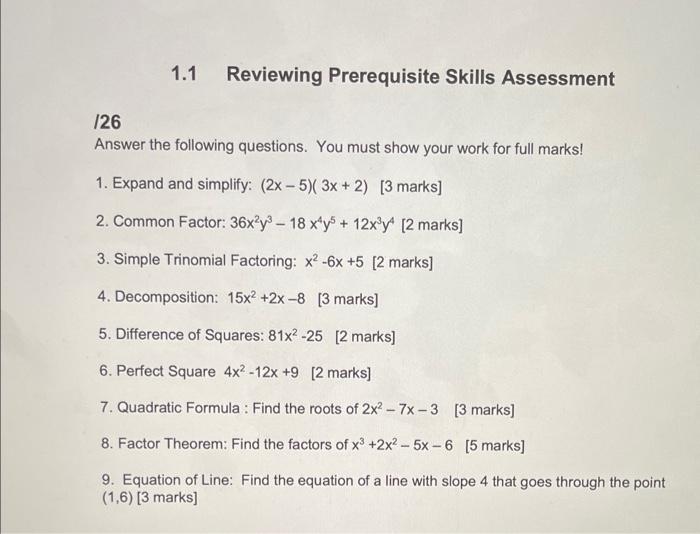 Solved 1.1 Reviewing Prerequisite Skills Assessment 126 | Chegg.com