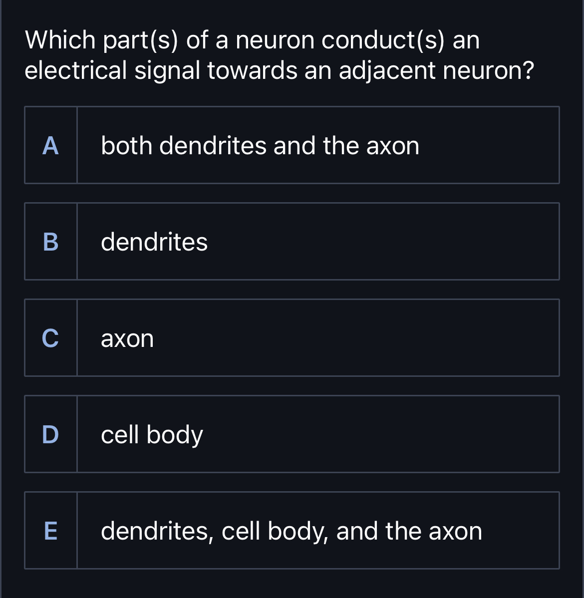 Solved Which part(s) ﻿of a neuron conduct(s) ﻿anelectrical | Chegg.com