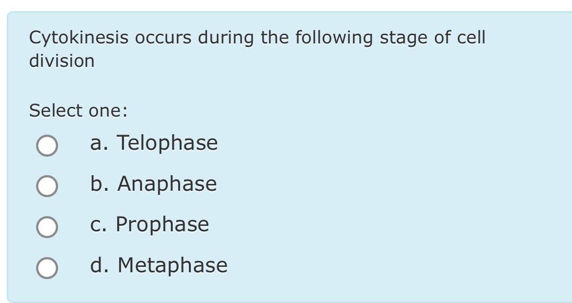 Solved Cytokinesis occurs during the following stage of cell | Chegg.com