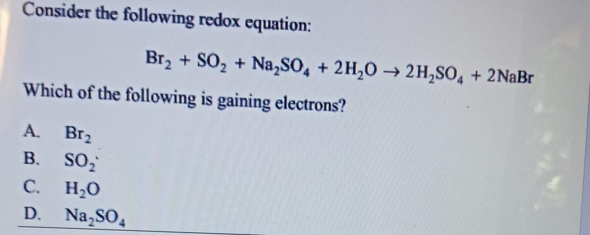 Solved Consider the following redox equation: Br2 + SO2 + | Chegg.com