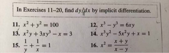 Solved In Exercises 11-20, find dy/dx by implicit | Chegg.com