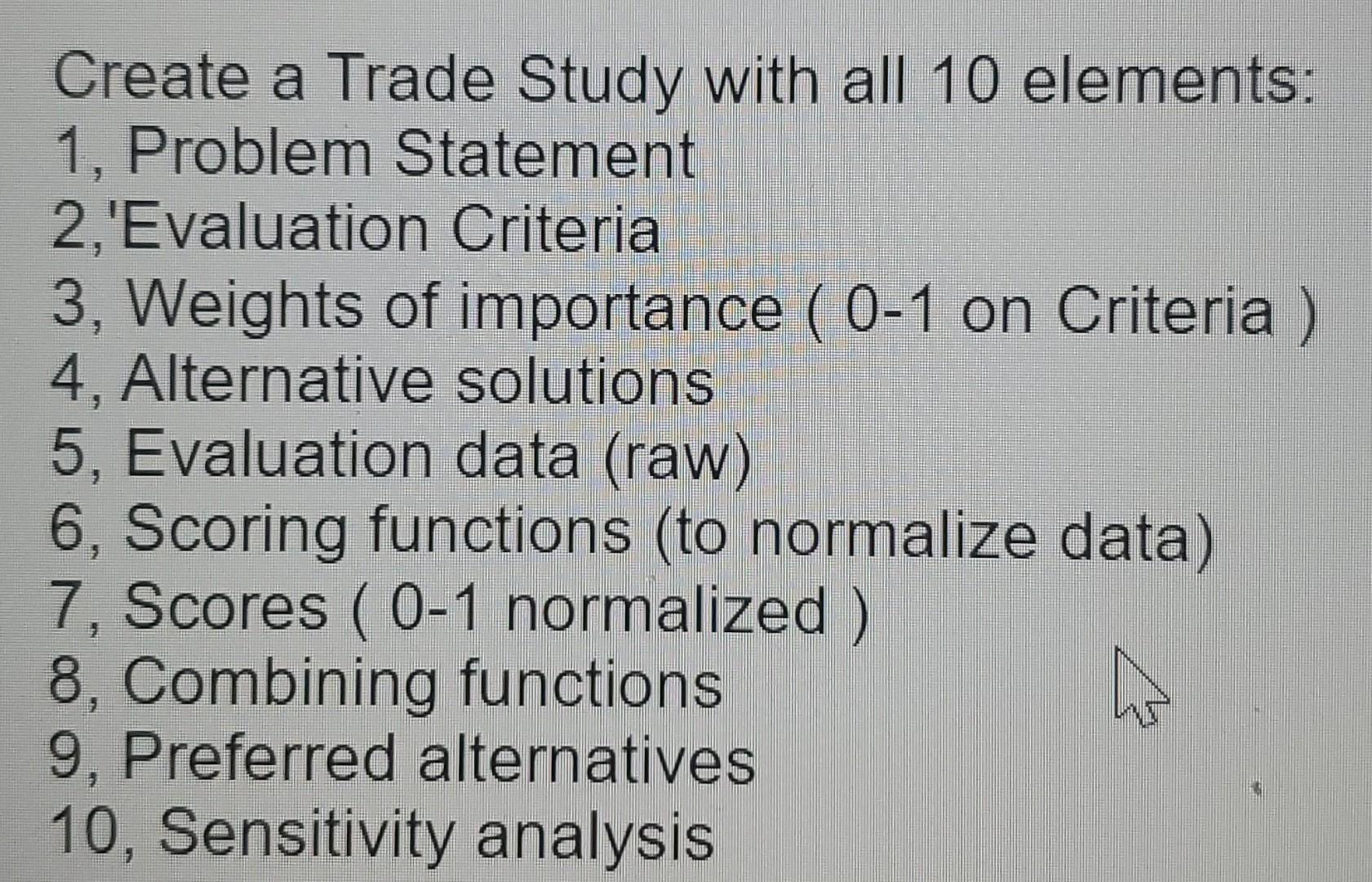 Solved Create a Trade Study with all 10 elements: 1. Problem | Chegg.com