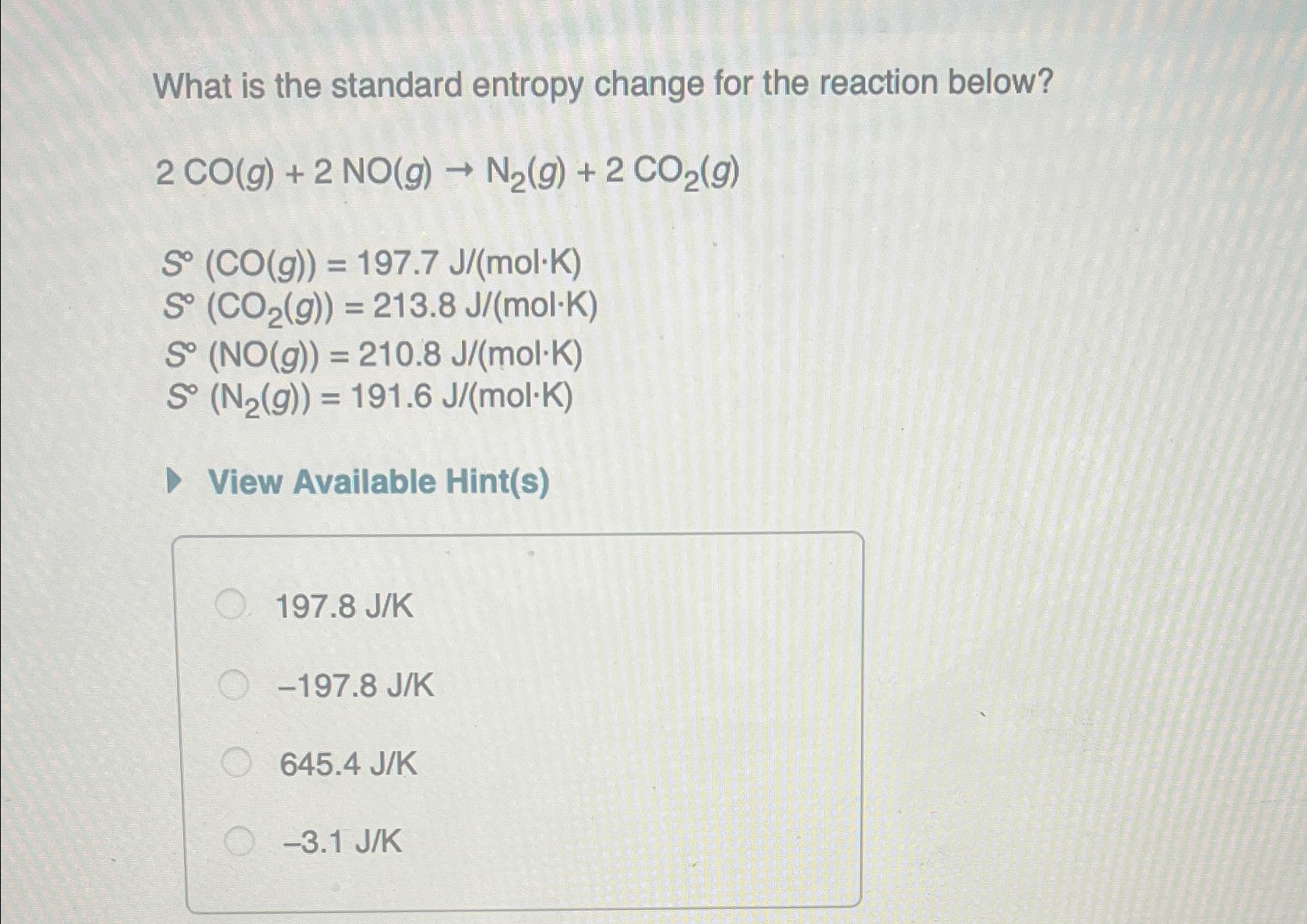 Solved What is the standard entropy change for the reaction | Chegg.com