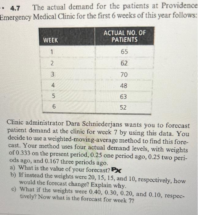 Solved 4.7 The actual demand for the patients at Providence | Chegg.com