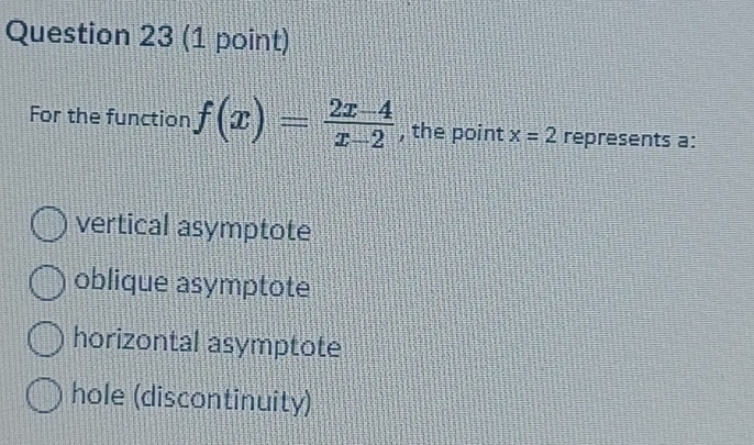 Solved Question 23 (1 ﻿point)For the function f(x)=2x-4x-2, | Chegg.com