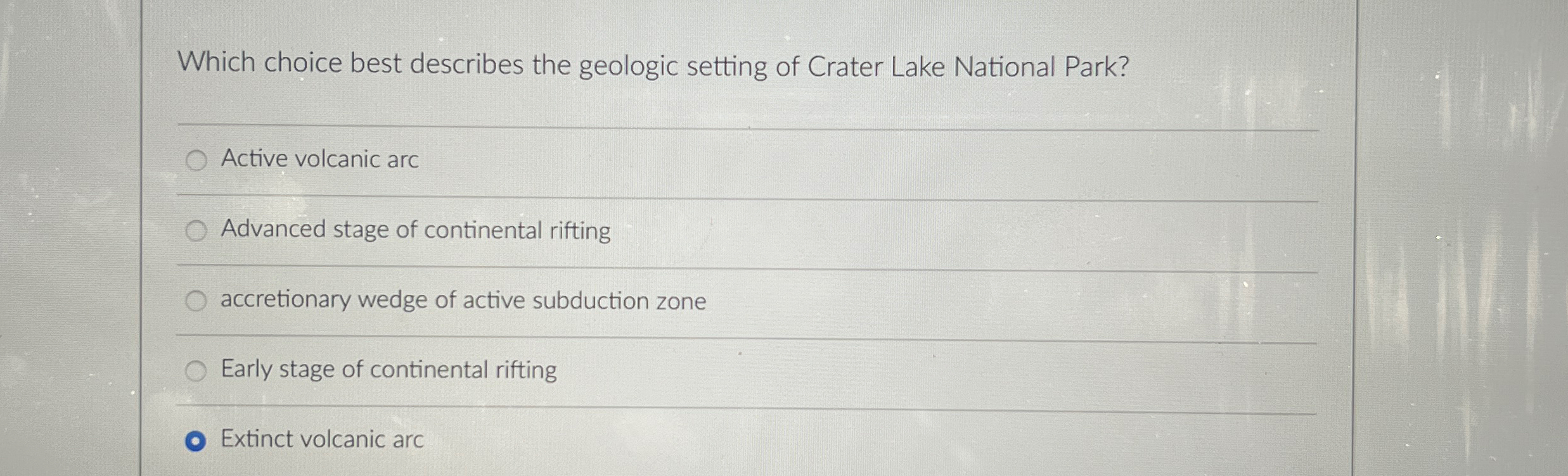 Solved Which choice best describes the geologic setting of | Chegg.com